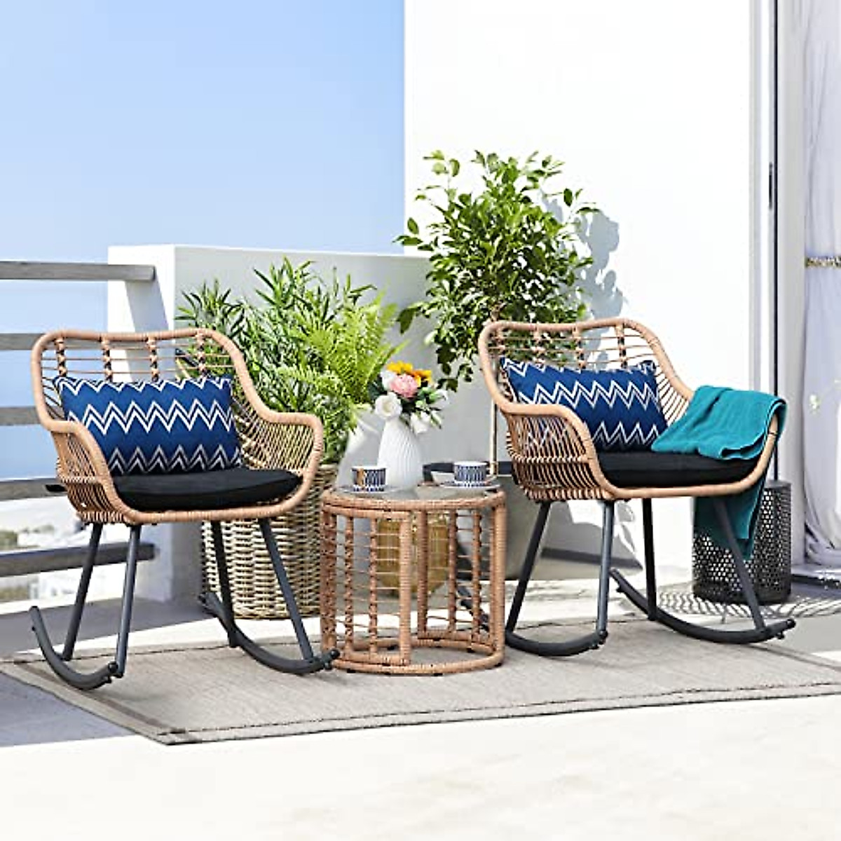 Verano Garden Set of 2 Patio Rocking Chairs Set, All Weather Outdoor Bistro Chairs, Natural Wicker Chairs Set for Balcony, Deck, Porch