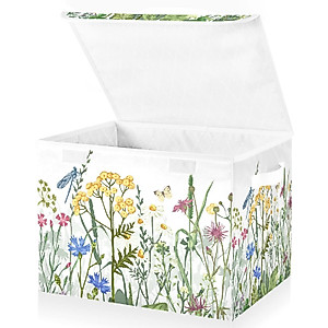 JUMBEAR Herbs Wild Flower Rectangular Storage Bin with Lid and Handle, Collapsible Toys Clothes Storage Basket Organizer for Closet, Office, Nursery, Home Decor
