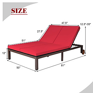Tangkula 2-Person Patio Lounge Chair, Outdoor Rattan Double Wicker Daybed Chaise Lounge Chair with Adjustable Backrest Wheels & Cushion, Patio Sofa for Garden Lawn Backyard (Red)