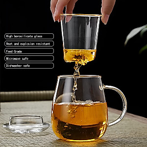 TIANXIALAWU 16.9 oz,Glass Tea Infuser Cups with Strainer and Lid,Tea Mugs with Infuser and Lid,Loose Tea Infuser,Hot Tea Diffuser Cup, (glass cover)，Glass Tea Cups