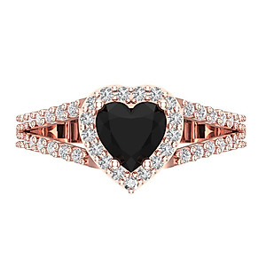 1.75 ct Heart Cut Solitaire Halo split shank Natural Black Onyx Engagement Promise Anniversary Bridal Ring 14k Rose Gold 5.75