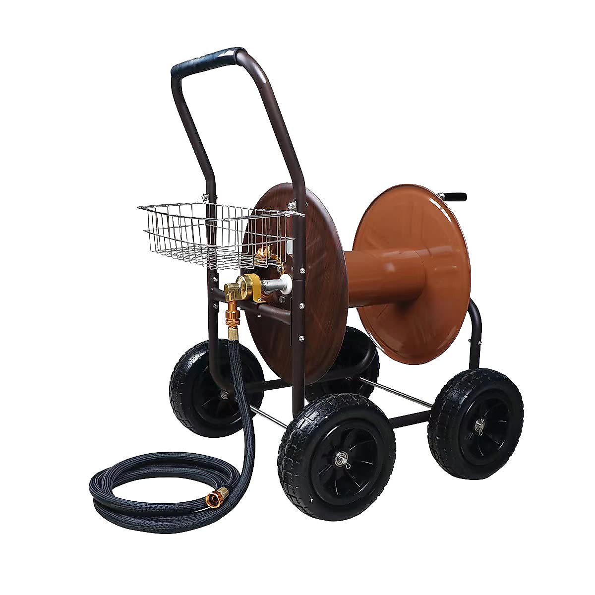 Boersite Stainless Steel Garden Hose Reel Cart Heavy Duty Portable Hose Holder with Basket 4 Solid Wheels Water Hose Storage Cart for Watering Garden/Yard/Lawn/Farm（Wood Grain Color）