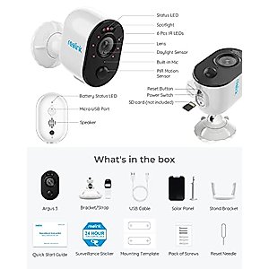 REOLINK Security Camera Outdoor, No Hub Needed, 2K Resolution, Wireless Battery Solar Powered, Color Night Vision with Spotlight, 2-Way Talk Live View, Built-in Siren, Argus 3 with Solar Panel