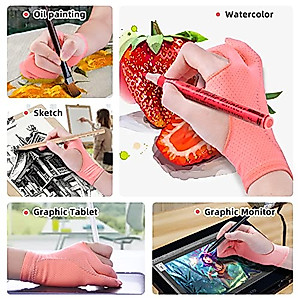 Artist Drawing Glove for Women [2 Pack Pink] 3-Layer Palm Rejection Right/Left Hand Digital Graphic Tablet iPad Art Gloves Two Finger Smooth Elasticity Breathable for Sketching Painting