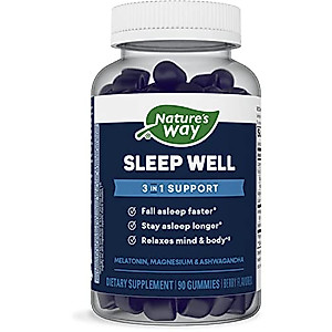 Nature’s Way Sleep Well Sleep Gummies for Adults*, Sleep Aid*, Melatonin Gummies, Ashwagandha Gummies, with Magnesium, Berry Flavored, 90 Gummies