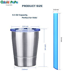 Colorful PoPo Cute Stainless Steel kids cup Straw Cups for Toddlers, Mini Insulated Tumblers with Lids for Smoothie Milk, Set of 2 (Teal Mint, 8.5 OZ)