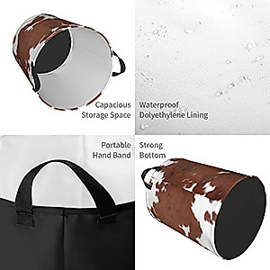 Western Cow Print Laundry Hamper - Brown Cowhide Basket with Handles Animal Skin Pattern Washing Bucket Foldable Dirty Clothes Toys Storage Bag Organizer for Girls Women Bedroom Bathroom Dorm