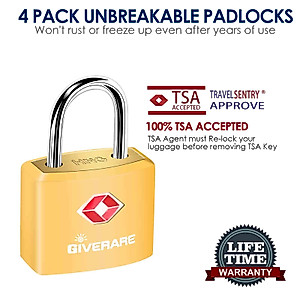 4 Pack TSA Approved Travel Luggage Locks with Keys, Solid Brass Copper Keyed Padlock, ABS Plastic Covered Small Locks for Suitcase, Backpack, Gym Locker, Jewelry Box-by GIVERARE