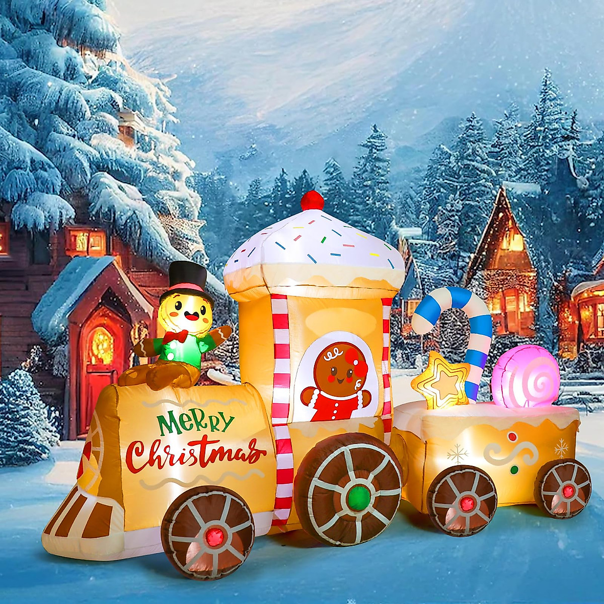 8ft Christmas Inflatable Train Decoration with LED Lights, Candy Canes, Gingerbread Men - For Outdoor