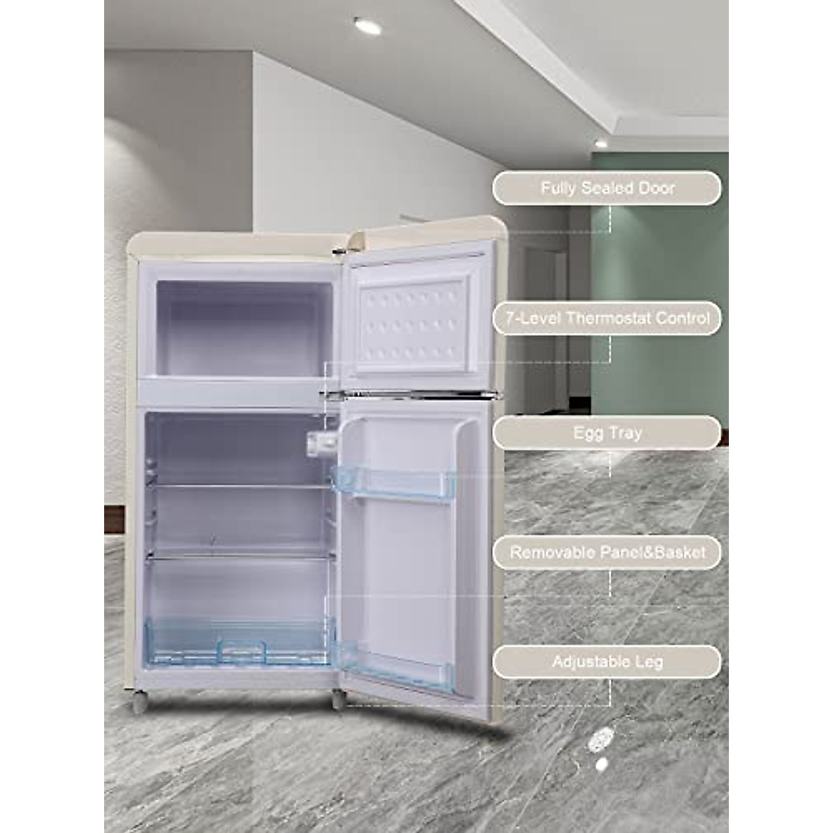 WANAI Compact Refrigerator 3.2 Cu.Ft Retro Cream Fridge With Freezer 2 Door Mini Refrigerator with 7 TEMP Modes, Removable Shelves, LED Lights, Ideal for Apartment Dorm and Office, Cream