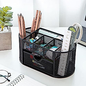 Mesh Pen Holder, Desk Organizer for Desk Pencil Holder with 8 Compartments and 1 Drawer Desk Supplies for Office Home 1 PC