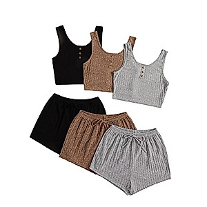 SOLY HUX Womens Pajamas Lounge Set 3 Sets Sleepwear Rib Knit Crop Tank Top and Shorts PJ Summer Outfits Multi S