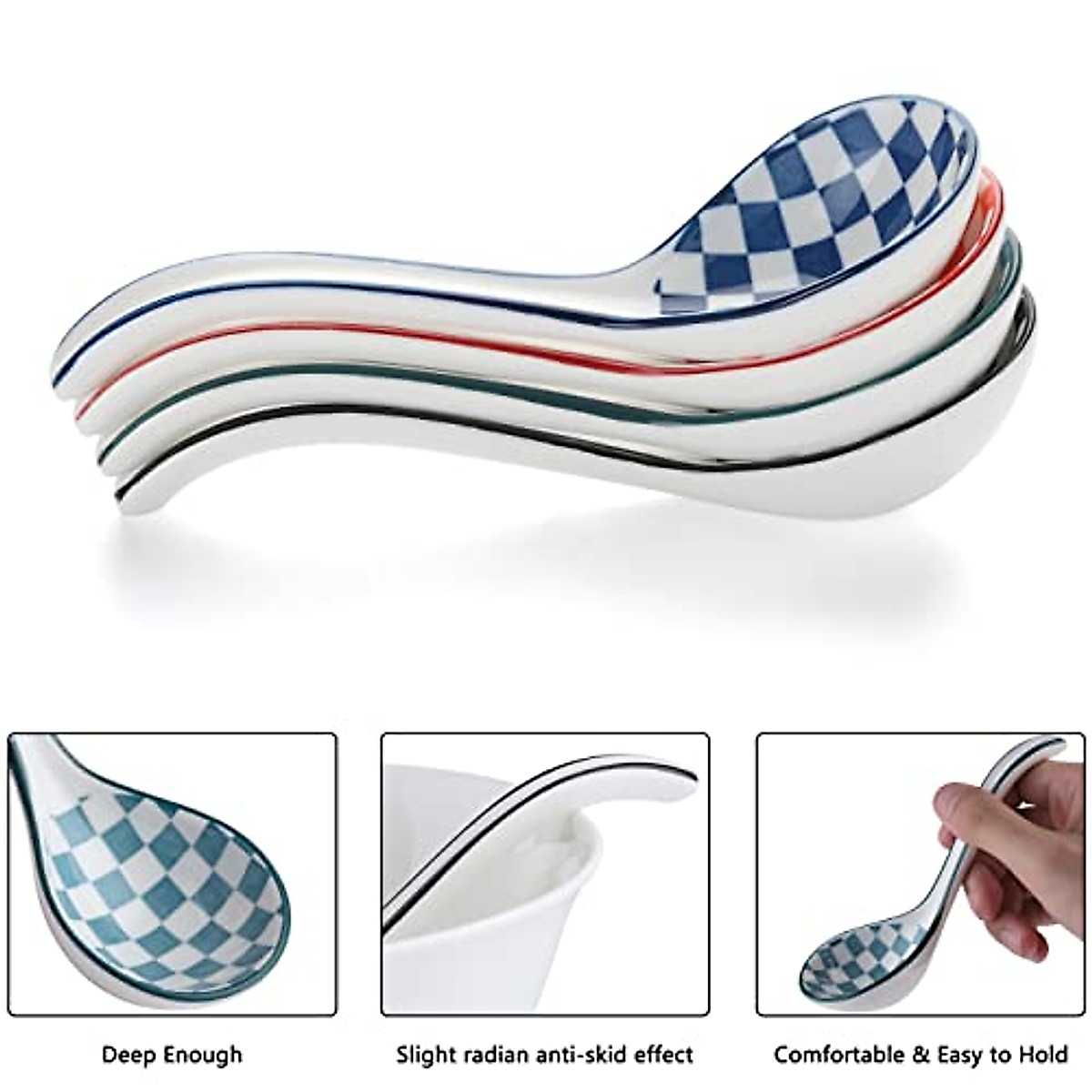 Porcelain Soup Spoons Asian Soup Spoon Set of 4 Large Chinese Soup Spoon Curved Handle Korean Ramen Spoons for Pho Ramen Noodles Wonton Dumpling Rice (Model 3#)