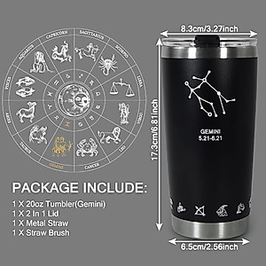 sweet grain 20oz Coffee Tumbler - Stainless Steel Double Wall Insulated Constellation Tumbler with Lid and Straw, Personalized Zodiac Gifts for Birthday/Bachelor Party - Gemini