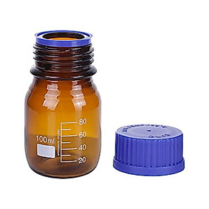 Pastein 20 Pieces Amber Glass 100 mL Graduated Round Lab Reagent Media/Storage Bottle With GL45 Blue Screw Cap