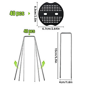 40 Pack 6 Inch Landscape Staples & 40pcs Fixing Gasket Sets, Garden Stakes Galvanized Steel Fabric Pins Heavy-Duty U Shape Sod Turf Pins for Ground Weed Fabric Barrier, Orchard, Yard, Tents