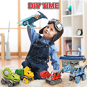 Dreamon Take Apart Construction Toys Truck Set Transforming Dino Truck, STEM Dinosaur Toy with Electric Drill,Educational Gifts for Boys Kids 3 4 5 6 Year Old