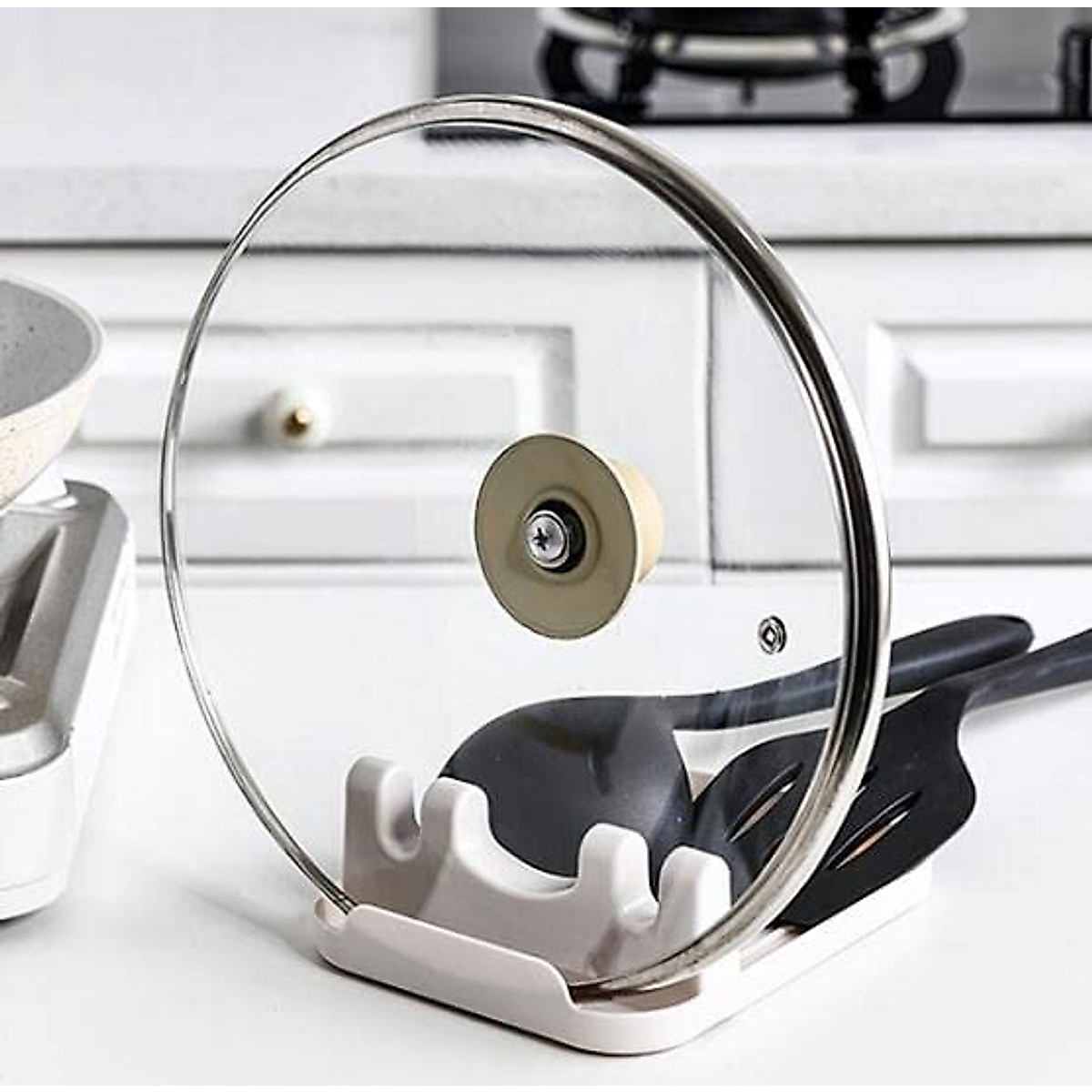 USYFAKGH Kitchen Utensil Rest with Drip Pad, Hanging Design, Heat-, Spoon Rest & Holder for Stove Top, Kitchen Utensil Holder for Spoons, Ladles, Tongs (White, One Size)