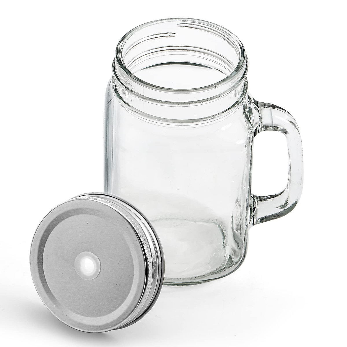 Tosnail 8 Pack 16 oz Glass Mason Jar Mugs with Handle, 16 Tin Lids and 8 Plastic Straws, Old Fashioned Mason Jar Drinking Glasses, Clear Glass Cups for Party and Daily Use