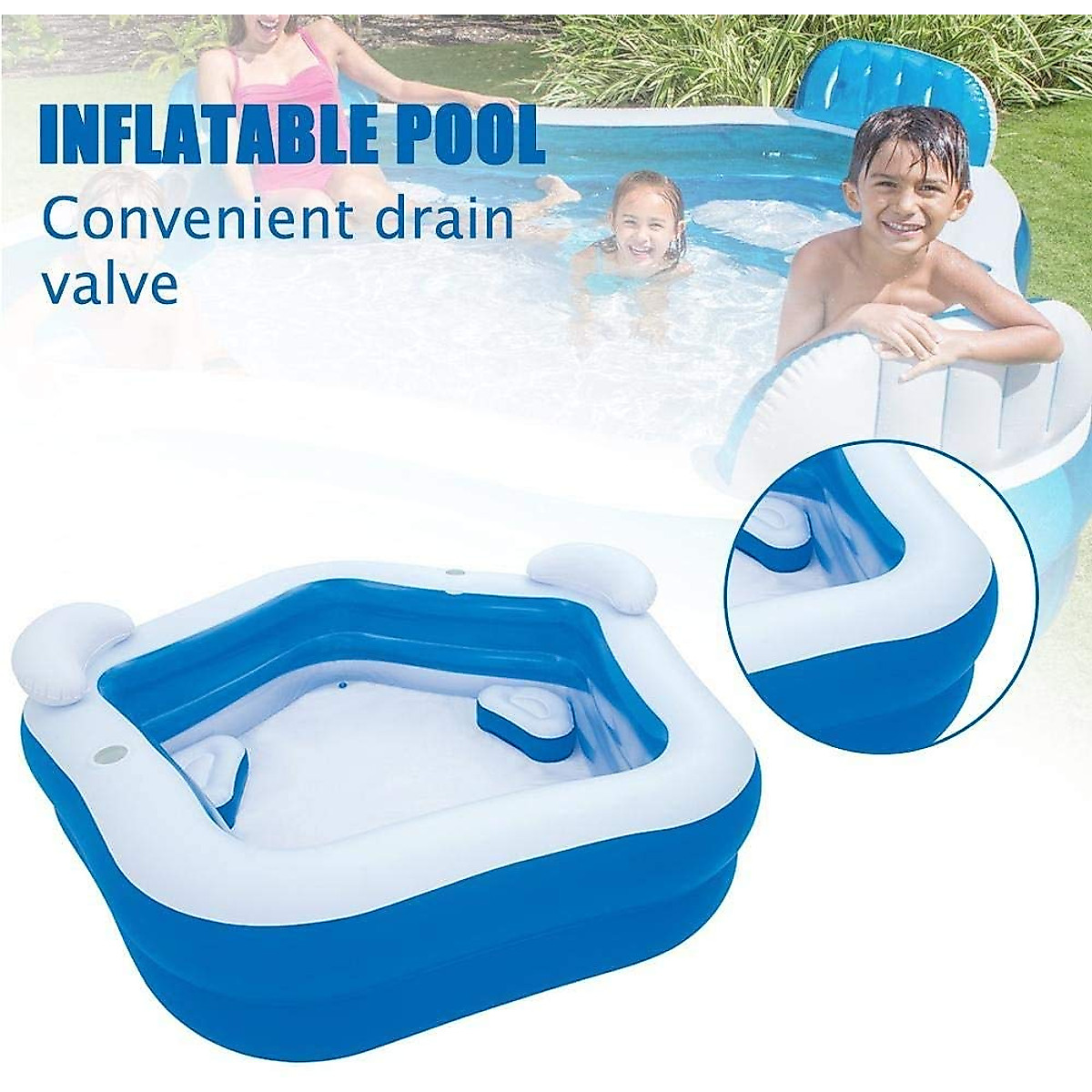 Inflatable Pool with 2 Seats,Headrest Cup Holder Family Paddling Pool Swimming Pool Bath Tub for Kids Toddlers Adults
