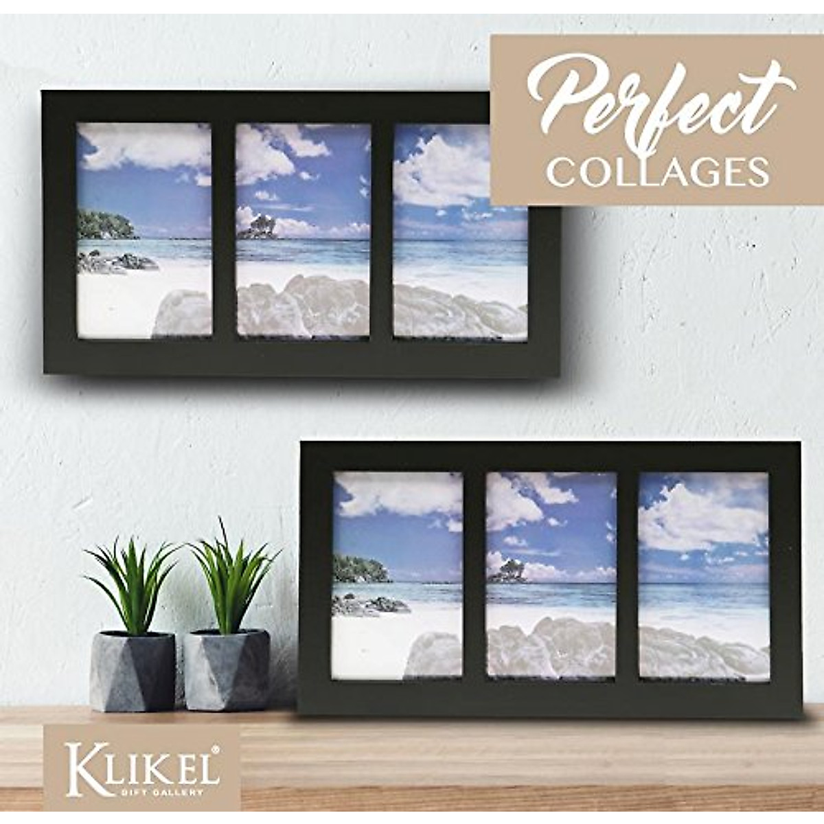 Klikel 3 Photo Collage Solid Black Wood Picture Frame - 3 Opening 5 X 7 Picture Slots