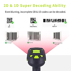 Symcode Wireless 2D Bluetooth Barcode Scanner with Stand 433 Wireless 2625 Feet Transmission Distance USB QR Automatic Barcode Reader Handhold Bar Code Scanner with Charging Base Vibration Alert Green
