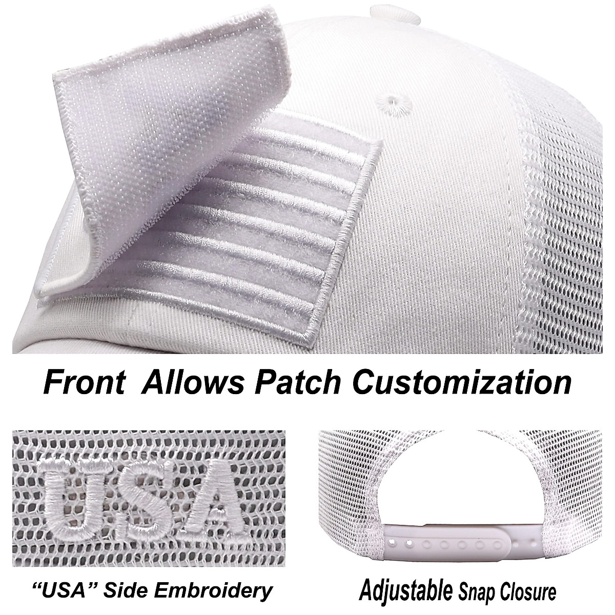 Antourage American Flag Unconstructed Hat for Men and Women Twill Mesh Snapback Baseball USA Flag Cap + 2 Patriotic Patches ((16) White Classic Mesh Snapback)