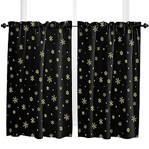 Gold Snowflakes Kitchen Curtain Tier Curtains 45 Inch Long 2 Panels Set, Rod Pocket Window Curtain Drapes Cafe Window Treatments for Living Room Bedroom Seasonal Winter Christmas Black Backdrop