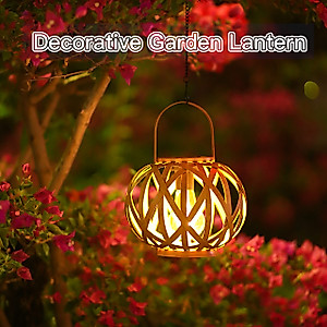 Solar Metal Woven Lanterns Outdoor - 10"*8" Waterproof Hanging Cordless Lantern with Edison Bulb Farmhouse Decor for Yard Patio Garden Home