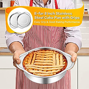 E-far 8 Inch Cake Pan Set of 2, Stainless Steel Round Cake Pans Tins with Handle for Baking Birthday Wedding Layer Cakes, Easy Grip & Straight Side, Mirror Finish & Dishwasher Safe