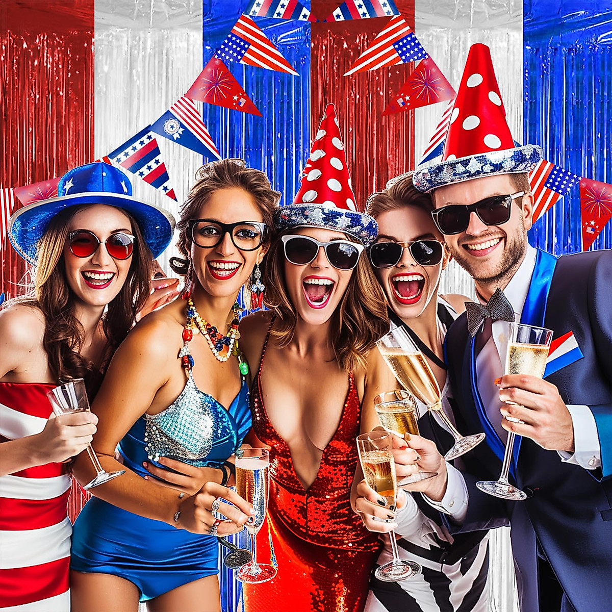 Yzurbu Red White & Blue Decorations, 3 Pack Tinsel Foil Fringe Backdrop Curtains and 2 Pack USA Flag Triangle Pennant Banner for 4th of July, Memorial Day, Labor Day, Patriotic Party