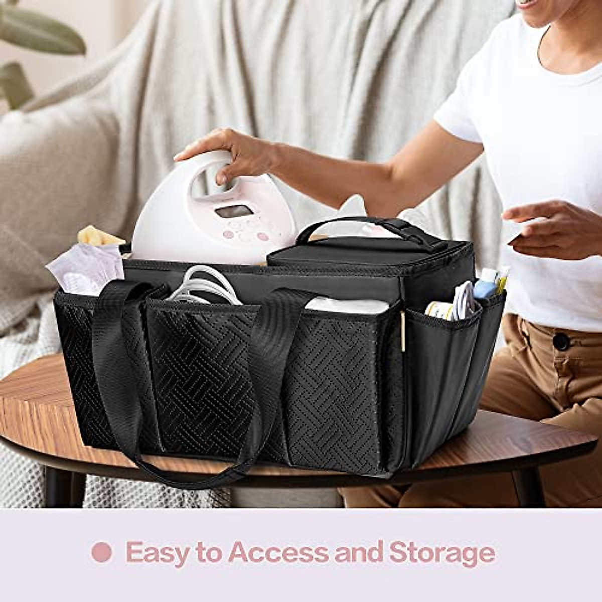 Fasrom Breast Pump Caddy Organizer Bag with Cooler Compatible with Spectra S1 and S2, Pumping Tote Bag Baby Diaper Storage Basket to Hold Pump Parts and Baby Items, Black (Patent Design)