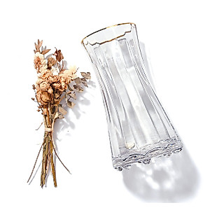 Moreast Glass Flower Vase for Home Office Decor, Crystal Clear Vase with Gold Rim and Ribbed Texture for Flower Arrangement, Spring Garden Vase 9" Tall