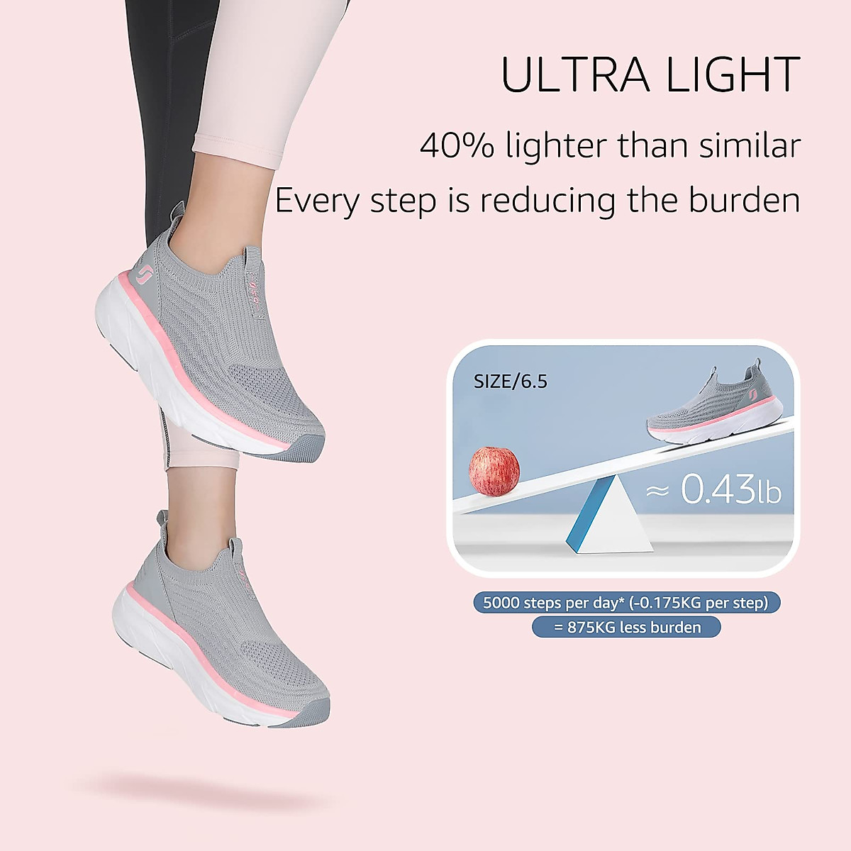 STQ Slip on Tennis Shoes for Women Supportive Walking Shoes Cushioned Fashion Sneakers Arch Support Jogging Shoes for Workout Grey Pink 8 US