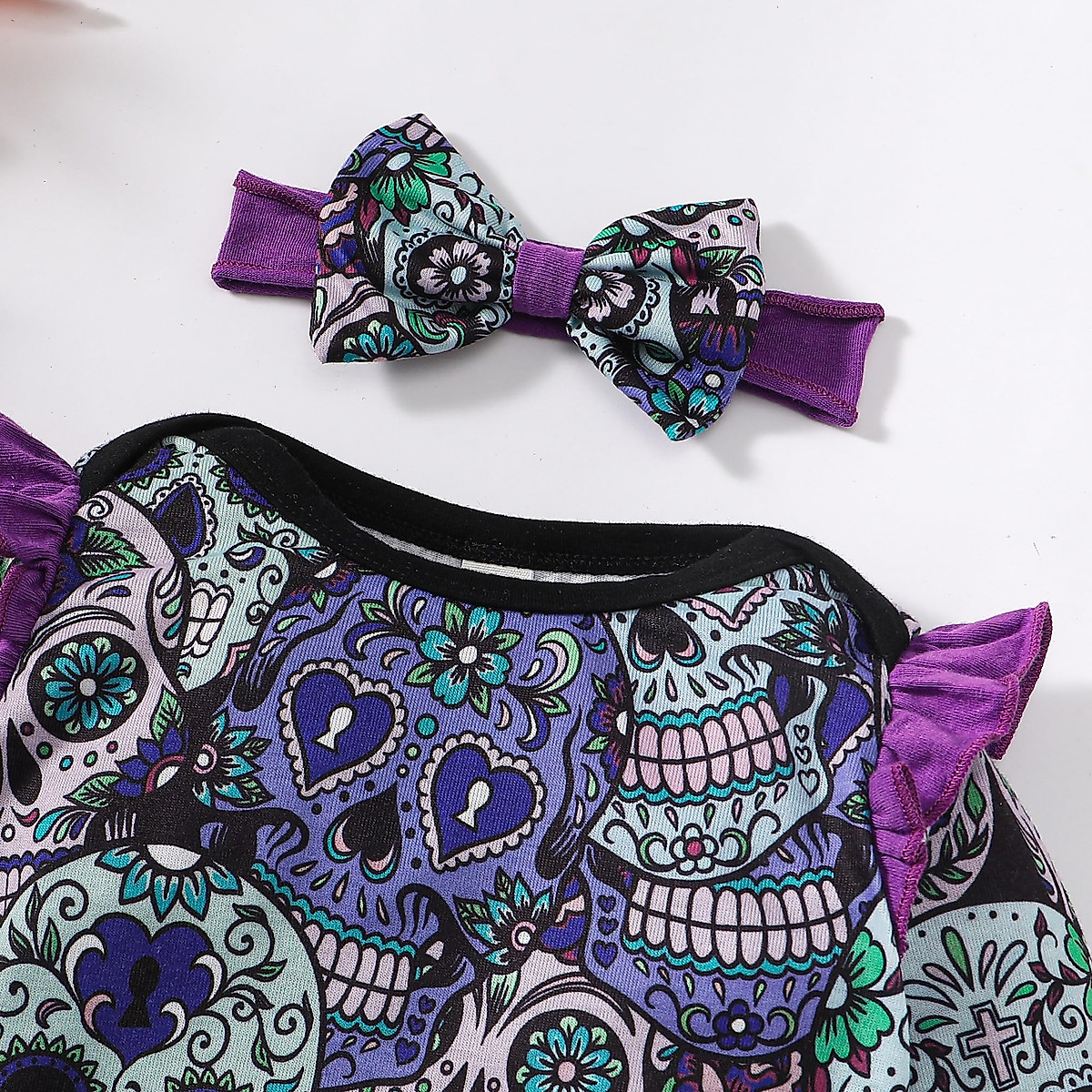 LYSMuch Newborn Baby Girl Outfits Skull Print Baby Jumpsuit Halloween Long Sleeve (3-6 Months, Purple)