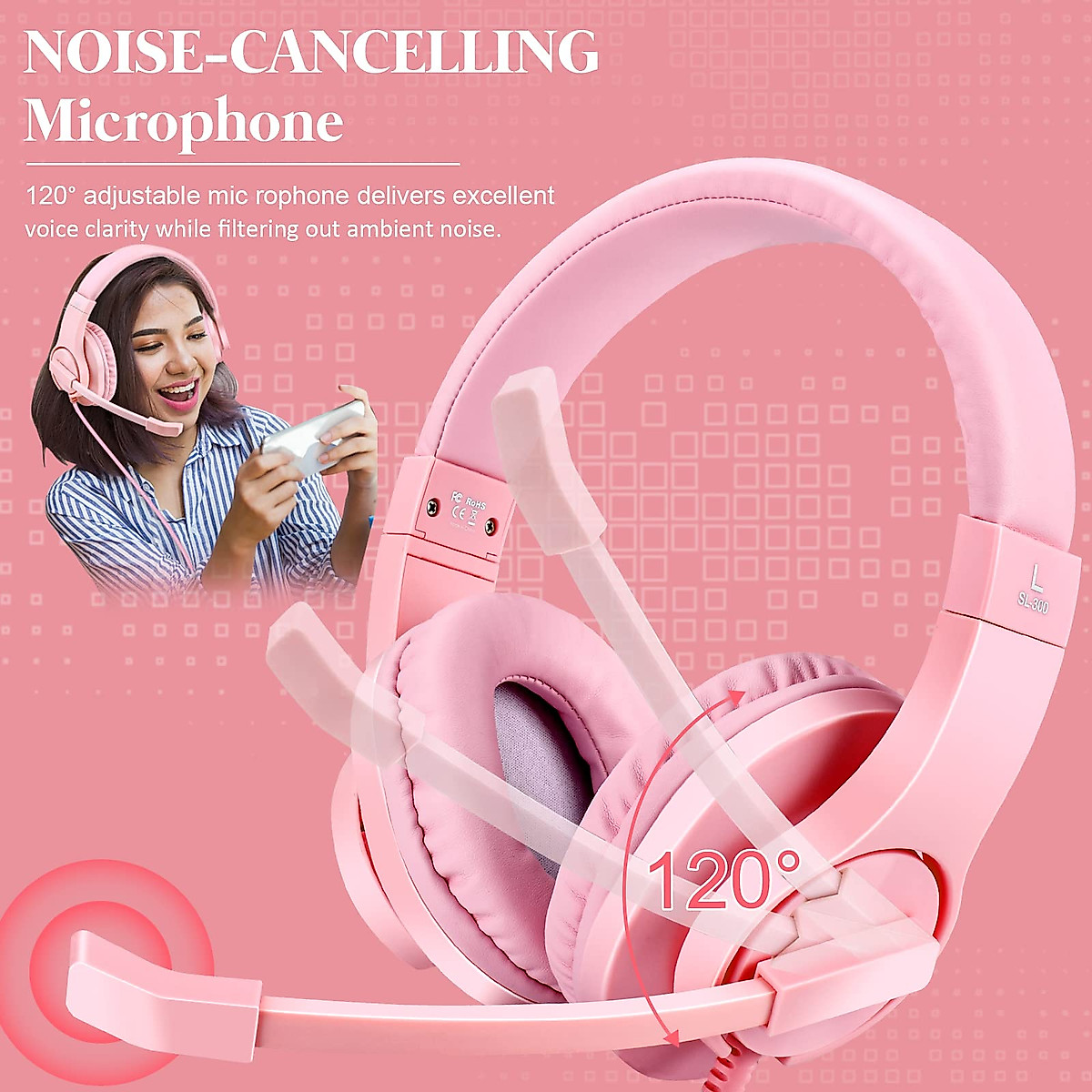 DIWUER Gaming Headset for Xbox One, PS4, PS5, Nintendo Switch, Bass Surround and Noise Cancelling 3.5mm Over Ear Headphones with Mic for Laptop PC Smartphones, Pink
