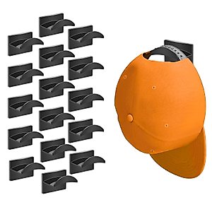 Qteeyou Adhesive Hat Hooks for Wall (16-Pack), Hat Rack for Baseball Caps, Minimalist Hat Display, Strong Hold Hat Hangers, No Drilling, Hat Holder Organizer for Wall (Black)