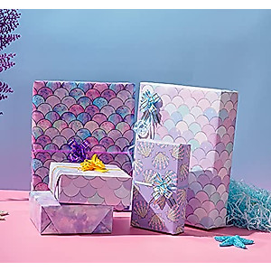 Birthday Wrapping Paper for Girls Women Kids Baby Shower Shining Mermaid Scale Scallop Pink Galaxy 4 Style Gift Wrap Paper for Graduation Wedding Anniversary 12 Folded Sheets 20.5 * 28.7 inch