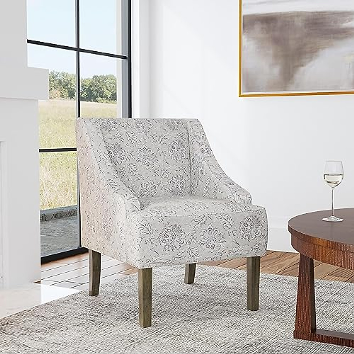 HomePop Home Decor | Upholstered Classic Swoop Arm Accent Chair | Accent Chairs for Living Room & Bedroom | Decorative Home Furniture, Gray Linen Artistic Floral Print