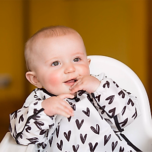 Bumkins Sleeved Bib for Girl or Boy, Baby and Toddler for 6-24 Months, Essential Must Have for Eating, Feeding, Baby Led Weaning Supplies, Long Sleeve Mess Saving Food Catcher, Hearts Black and White