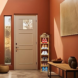 Vutlue Vertical Bamboo Shoe Rack, 7 Tier Narrow Free Standing Shoe Rack Organizer for Entryway, Skinny Standing Shoe Rack Shelf for Bedroom Closet Small Spaces