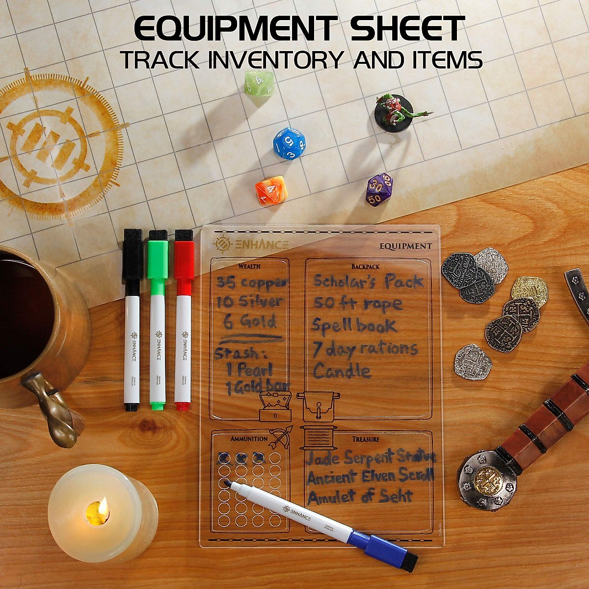 ENHANCE Tabletop Acrylic Character Sheet Set - Reusable 5e Dungeons and Dragons Character Sheets (Combat, Spell, Equipment) for All DND 5e Classes - Includes 3 Pages, Dry Erase Markers, Travel Pouch
