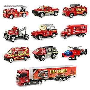 Coolplay Fire Truck Toy Set for Kids, Toy Vehicles Carrier Truck with Die-cast Cars, ​Rescue Firetruck for Boys 3-6 Years Old
