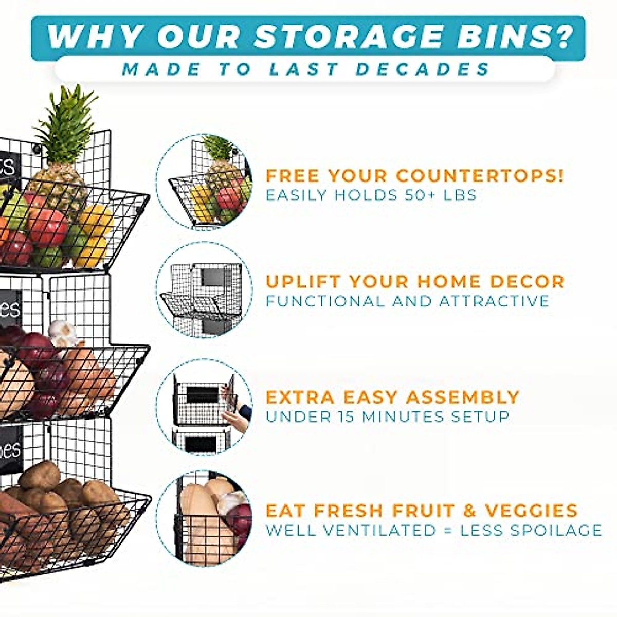 Saratoga Home Wall Fruit Baskets For Kitchen Fruit Basket Wall Mount, Wall Fruit Baskets for Kitchen, Hanging Wall Basket, Hanging Baskets for Organizing, Onion and Potato Storage, Wired Baskets