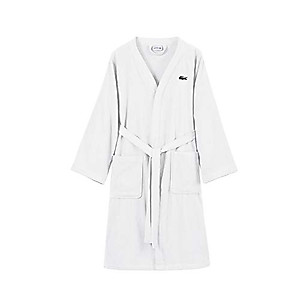Lacoste Classic Pique 100% Cotton Bath Robe for Men & Women, One Size Fits Most, White