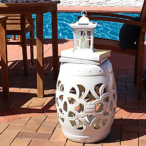 Sunnydaze Knotted Quatrefoil Ceramic Garden Stool Side Table - Indoor or Outdoor - 18-Inch H - White Glazed Finish