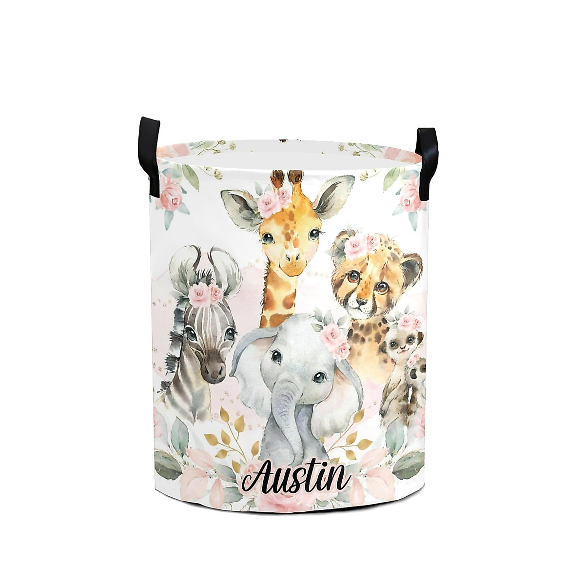 Safari Animals Floral Personalized Laundry Basket Clothes Storage with Handle Waterproof, Custom Foldable Hamper for Boys Girls Bedroom Nursery Toy