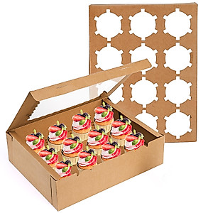 Jucoan 20 Pack Kraft Cupcake Boxes Containers with Clear Display Window, Brown Cake Trays Holder for Cookies, Muffins Pastries, Holding 12 Standard Cupcakes for Valentines Day Party