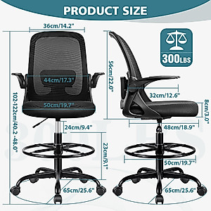 Winrise Drafting Chair Tall Office Chair Ergonomic Desk Chairs with Lumbar Support and Flip-up Armrests, Adjustable Height Comfy Computer Chair with Swivel Task and Adjustable Foot Ring(Black)