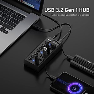 FIDECO Powered 7-Port USB Hub, USB 3.2 Gen 1 Data Hub with Independent On/Off Switch, USB Splitter with USB C to C Cable, USB A to C Cable and 12V 2A Power Adapter